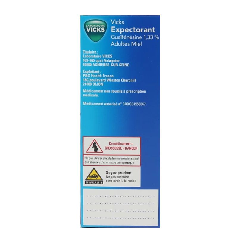 Vicks Sirop Expectorant Guaïfénésine Miel Adulte (180 ml) - Pharmacie ...